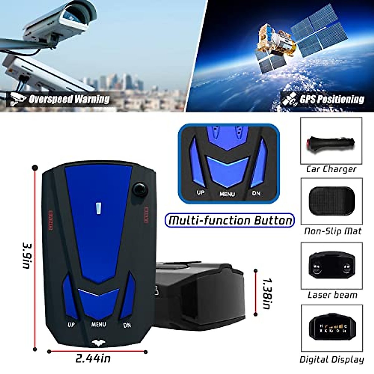 New Radar Detector, Driving Aids with Mute Memory, City/Highway Mode, Long Range Detection, Led Display, Ideal Gift for Cars （Blue）