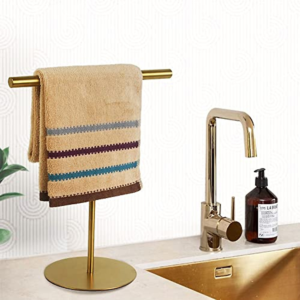 KURBAO Towel Rack T-Shape Hand Towel Stand for Bathroom, Kitchen or Vanity Towel Holder Stand, Towel Holder Standing SUS 304 Stainless Steel Height-Adjustable, Bath Hand Towel Bar Gold
