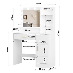 Vanity Desk, Vanity Mirror with Lights and Table Set with 1 Big Drawers, 1 Cabinet & 4 Shelves Makeup Vanity Set 3 Lighting Modes Brightness Adjustable Dressing Table (White)