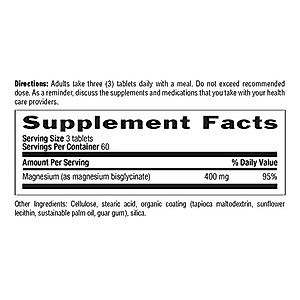 Country Life Chelated Magnesium Glycinate 400mg, 180 Tablets, Certified Gluten Free, Certified Vegan, Certified Halal, Non-GMO Verified