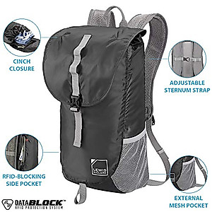 Lewis N. Clark Lightweight Packable Backpack Bag w/RFID Pocket, Black, 18 inch