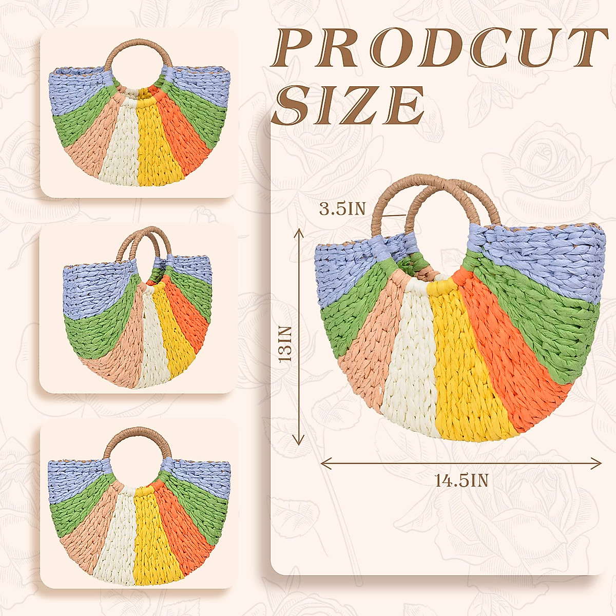 QZUnique Straw Handbags Rainbow Stitching Top Handle Tote Women's Summer Beach Natural Casual Satchel Shoulder Bag