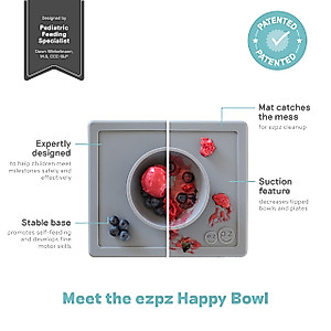 ezpz Happy Bowl - 24 Months + (Gray) - 100% Silicone Suction Bowl with Built-in Placemat – Dishwasher Safe