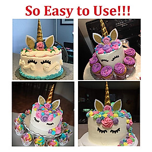 Unicorn Cake Topper with Eyelashes/Gold Unicorn Horn, Ears and Flowers for Birthday Wedding Baby Shower Party Cake Decoration