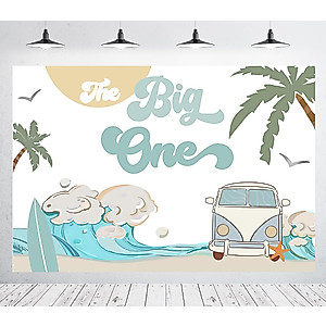 The Big One Surfing 1st Birthday Backdrop for Boys Retro Surf Van Surfboard Beach Party photography Background Boy One Birthday Party Decorations Cake Table Banner 5x3ft