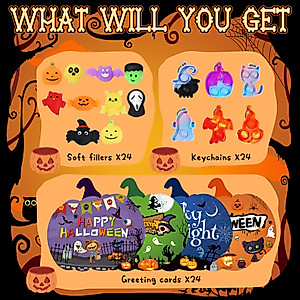 72Pcs Halloween Party Favors for Kids Boys Girls, 24Pack Bulk Toys Gift Include Squishies Pop Keychain Cards Treat Goodie Bag Stuffers Classroom Rewards Treasure Box Prize Carnival Decoration Supplies