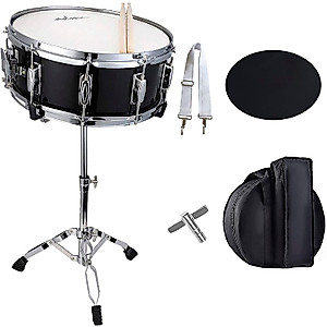 ADM 14"X 5.5" Snare Drum Set, Kids Student Snare Drum Beginner Kit with Stand, Drum Mute Pad, Strap, Drum Sticks, Drum Keys, Black