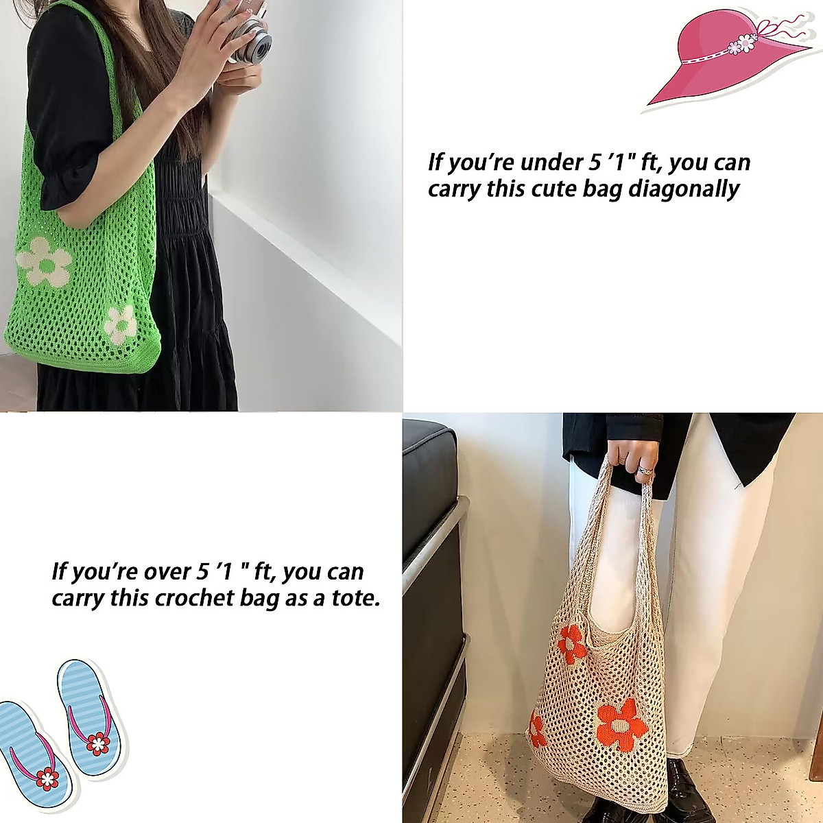 Arcimatto Crochet Tote Bag, Women Summer Aesthetic Mesh Beach Bags, Girls Hobo Bags Y2k Purse Fairy Grunge Accessories (Green Flower)