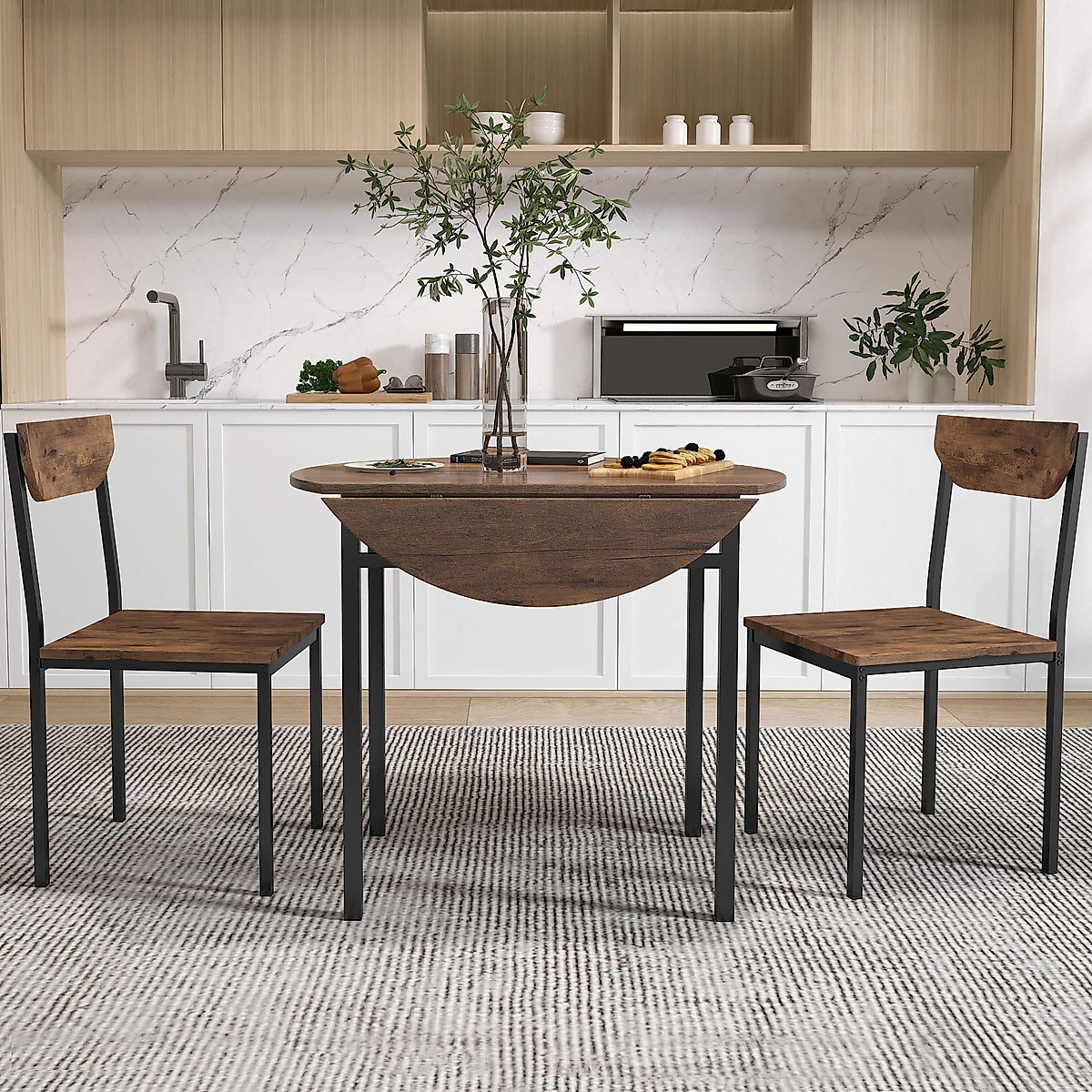 3 Piece Dining Table Set, Modern Counter Height Dining Table Set with Drop Leaf Round Table and 2 Chairs, Small Kitchen Table Set
