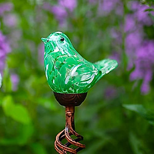 Exhart Garden Solar Lights, Decorative LED Bird Garden Stake, Hand Blown Glass and Metal Outdoor Decoration, Green, 5.5 x 31 Inch