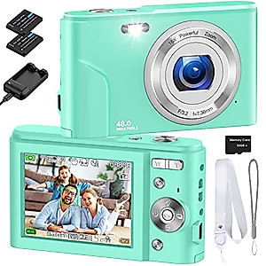 RUAHETIL Digital Camera, Autofocus FHD 1080P 48MP Kids Vlogging Camera with 32GB Memory Card, 2 Charging Modes 16X Zoom Compact Camera Point and Shoot Camera for Kids Teens (Green)