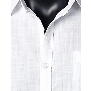 ZEROYAA Men's Fitted Cotton Linen Casual Short Sleeve Button Up Shirts Lightweight Beach Tops with Pocket ZLSC34-White Medium