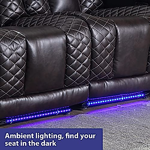 CANMOV Home Theater Seating, Electric Power Recliner with USB Ports and Cup Holders, Breathable Faux Leather Loveseat with Hidden Arm Storage, Ambient Lighting (Row of 2 Loveseat, Brown)