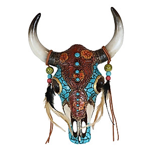 Ebros Gift Southwestern Tribal Indian Dreamcatcher Feathers Turquoise Beads and Faux Tooled Floral Leather Steer Cow Skull Wall Head Decor Hanging Plaque Bison Buffalo Wild Animal Resin Figurine