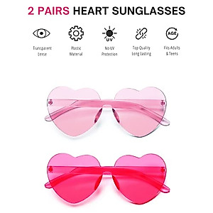 Heart Shaped Sunglasses for Women (2 Pack) - Cute Pink Heart Sunglasses for Parties, Girls Festivals Sunglasses Party Favors, Valentines Costume Sunglasses, Hot Pink Accessories for Women