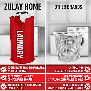 Zulay Home 82L Large Heavy Duty Laundry Basket Collapsible - Non-Slip Padded Laundry Bag With Handles - Waterproof Collapsible Laundry Baskets & Laundry Hampers For Bedroom, Dorm, Travel (Red)