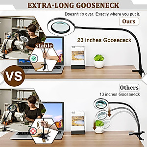 VEEMAGNI 23" Magnifying Glass with Light and Clamp, 5 Color Modes Stepless Dimmable LED Gooseneck Desk Lamp, 5X Real Glass Table Lighted Magnifier Hands Free for Craft Painting Close Work Hobby Sewing