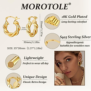 Twisted Gold Hoop Earrings for Women, Thick Chunky Hoops Hypoallergenic Vintage Twist Earings Big