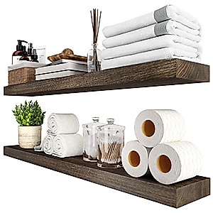 Floating Shelves 36 inches Rustic Natural Wood Shelf for Wall Set of 2 Open Shelving Farmhouse Light Wooden Wall Mounted Shelf Decor for Bathroom, Living Room, Kitchen, Dark Brown (36" W x 5.5"D)