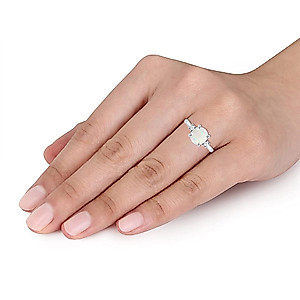 GEMVIO Collection Round Cut 6MM Natural White Opal Gemstone & Diamond Accent Solitaire Rings in 14K White Gold Over Sterling Silver Engagement Anniversary Promise Ring For Womens (0.70Cttw) Size-7.5