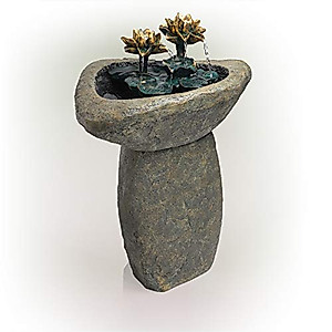 Alpine Corporation 30" Tall Outdoor Pedestal Lotus Rock Waterfall Fountain with LED Lights, Brown/Gray