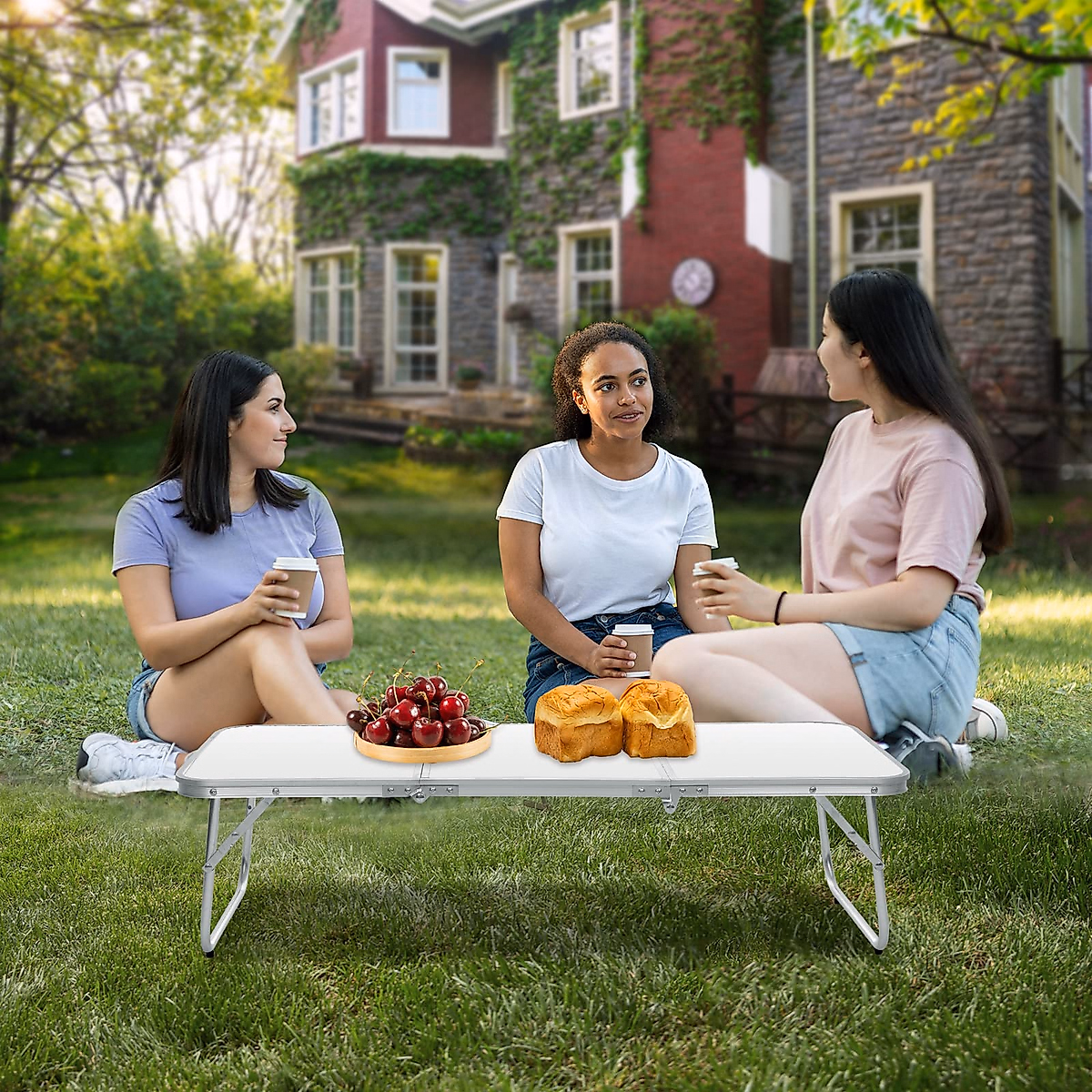 Moosinily Small Camping Table 3FT Folding Picnic Table Foldable Low Camp Table Portable Short Aluminum Outdoor Floor Short Beach BBQ White 35.2×15.7 inch
