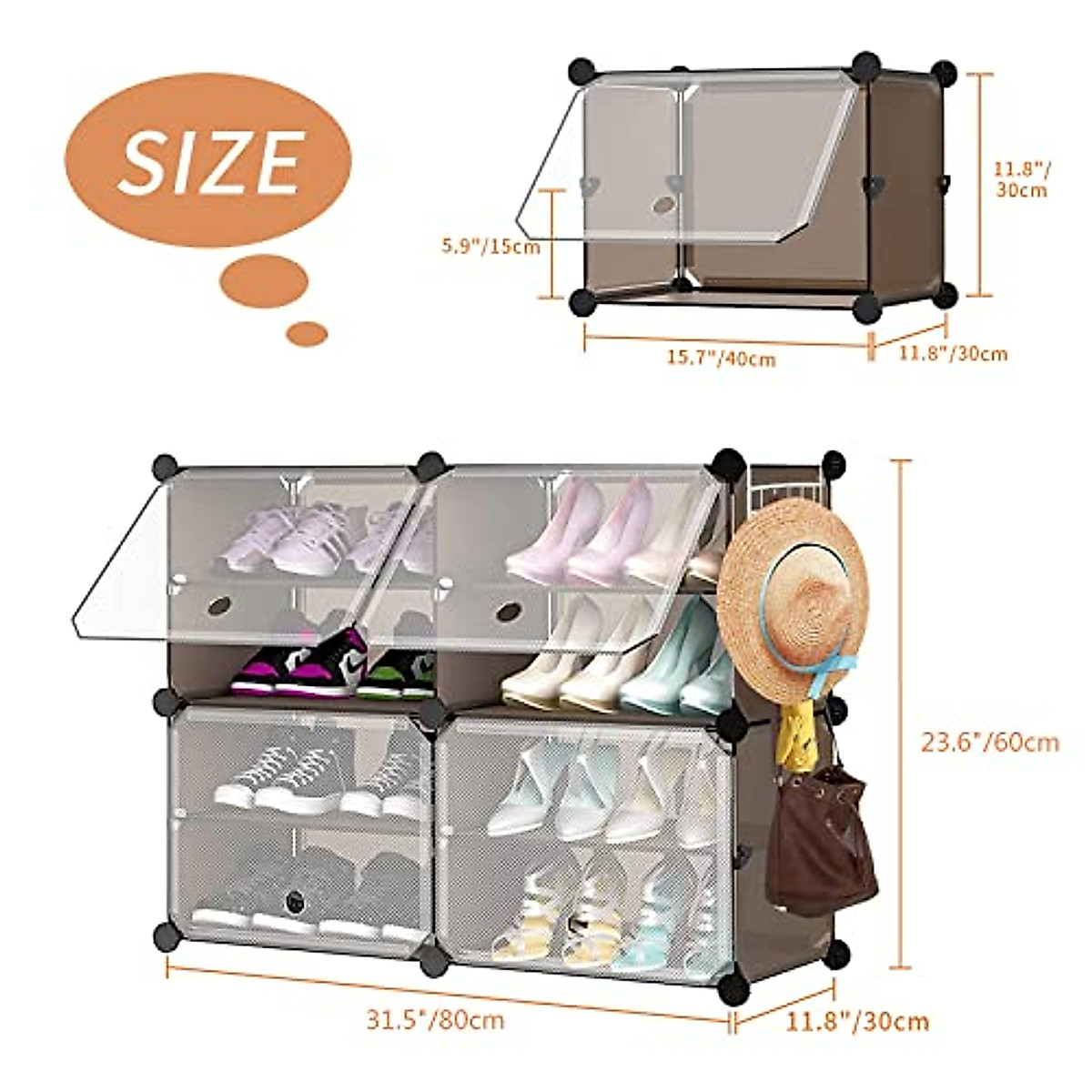 YIHATA Shoe Rack Cabinet 16 Pair Shoe Storage Cabinet with Doors for Entryway 8-Tier Plastic Shoe Shelves with Covered DIY Freestanding Shoe Tower for Closet Entryway Hallway Bedroom (Coffee)