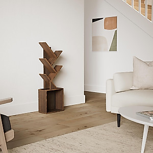 Ochine Tree Bookshelf, 5 Tier Small Bookcase with Large Drawer, Tall Wood Narrow Bookshelves Organizer for CDs/Movies/Books, Floor Standing Book Shelf for Bedroom, Living Room, Home Office Christmas