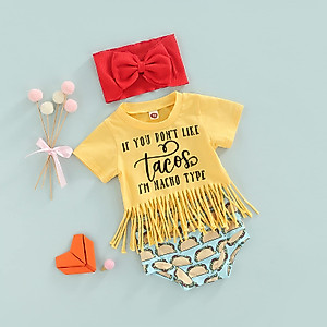 Newborn Infant Baby Girl Outfit 3pcs Letter Print Western Clothes Sets Short Sleeve Tassel T-Shirts Shorts (Yellow, 0-6 Months)
