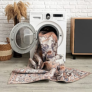 Bloom Rugs Washable 3x5 Rug - Orange/Blue/Beige Traditional, Distressed Area Rug for Living Room, Bedroom, Dining Room and Kitchen - Exact Size: 3' x 5'