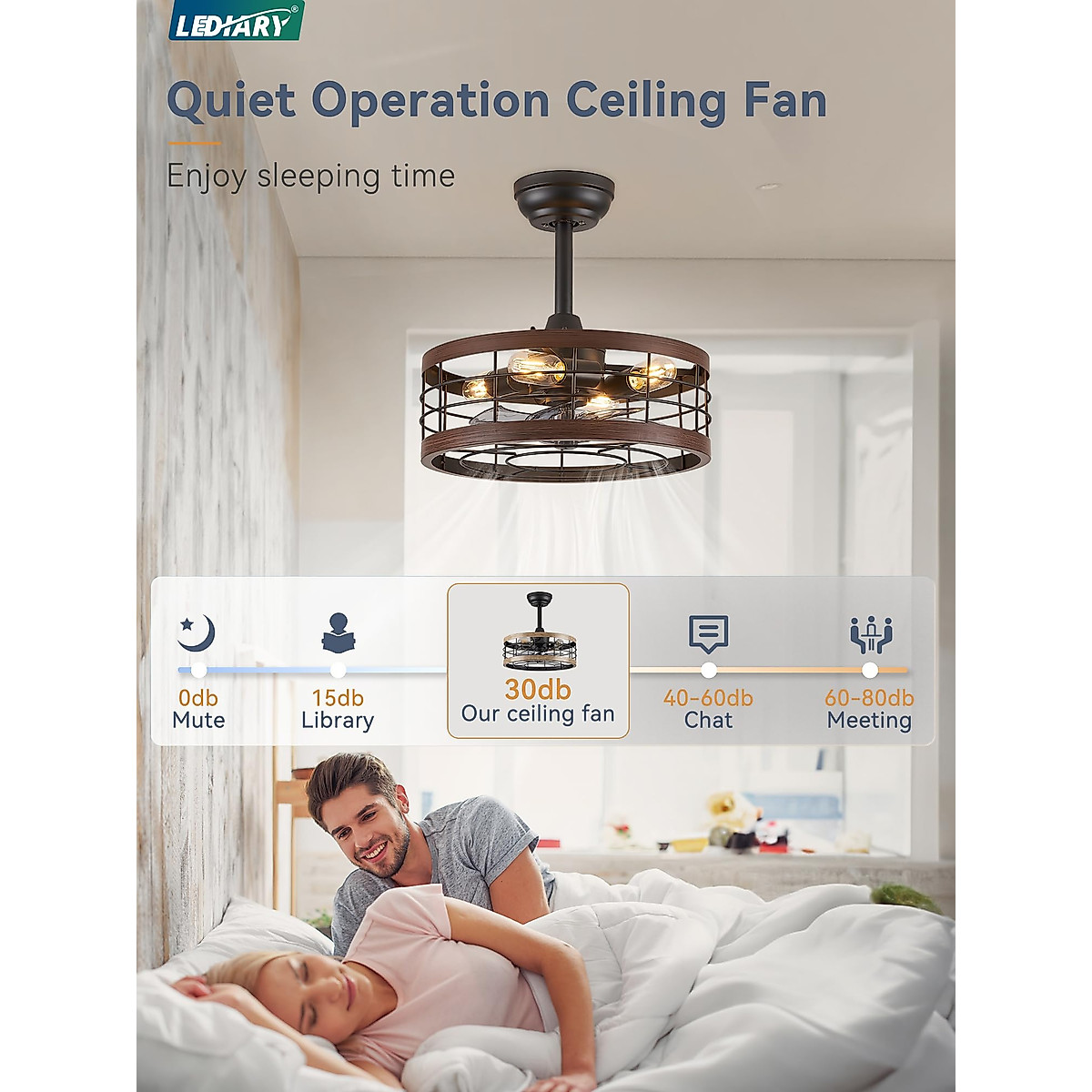 LEDIARY 16.5in Caged Ceiling Fan with Light, Bladeless Industrial Ceiling Fan with Remote, Rustic Metal Fan Lights Ceiling Fixtures for Kitchen, Farmhouse, Bedroom（6 Speed,1/2/4/8h Timing）-Walnut