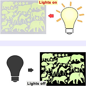 BENBO Animals Glow in Dark Wall Stickers, Cute Animals Jungle Adventure Horse Elephant Giraffe Camel Stars Peel and Wall Decals for Kids Bedroom Nursery Home Wall Mural Decor
