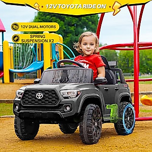 Blitzshark 12V Kids Ride on Car Licensed Toyota Tacoma Battery Powered Motorized Electric Vehicle, with Remote Control, Digital Display, Spring Suspension, Storage Space, Music & FM, Grey