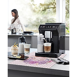 Coffee Mat for Counter, Hello Autumn Thanksgiving Pumpkins Pink Plaid Absorbent Hide Stain Coffee Bar Mat, Non-slip Coffee Bar Accessories Kitchen Drying Mat Fit Under Coffee Maker Espresso Machine