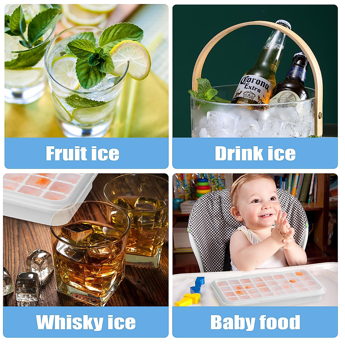 forcozyvie Ice Cube Tray with Lid and Bin,64Pcs Silicone Ice Cube Mold,Large Ice Cube Maker for Freezer, Easy Release Stackable 2 Ice Trays w/Tongs and Scoop for Whiskey Cocktail Coffee Tea Baby Food