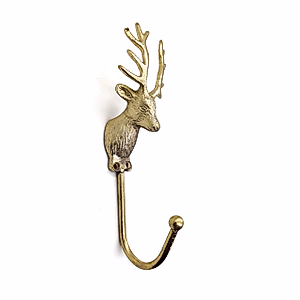 5MOONSUN5 Vintage Deer Head Coat Hook, Heavy Duty Antique Brass, Wall Mounted Animal Collection Deer Single Coat Hook Clothes Rack Wall Hanger, Polish Finish