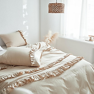 Simple&Opulence Ruffled Linen Duvet Cover Set 3Pcs with Vintage Shabby Chic Multiple Frills (1 Comforter Cover & 2 Pillowcases) Natural Flax Cotton Blended Luxury Bedding - Linen, Queen Size