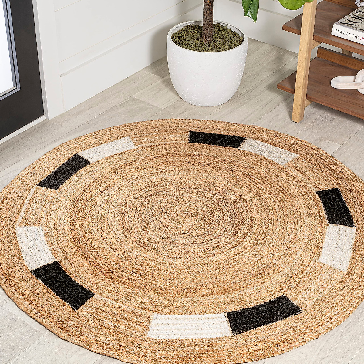 JONATHAN Y RNF106A-5R Porto Geometric Jute Circle Indoor Area-Rug, Cottage, Bohemian, Country Easy-Washing,Bedroom,Kitchen,Living Room,Non Shedding, Natural/Cream/Black, 5' Round