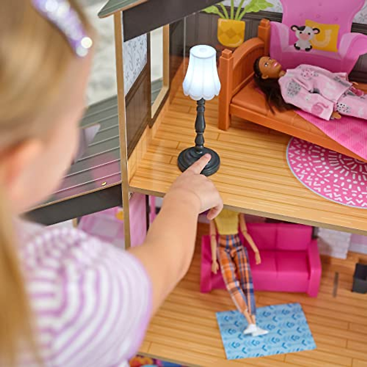 KidKraft Windmill Elevator 2-in-1 Wooden Barn & Dollhouse with Horse and Lights & Sounds, Over 3 Feet Tall, Pink