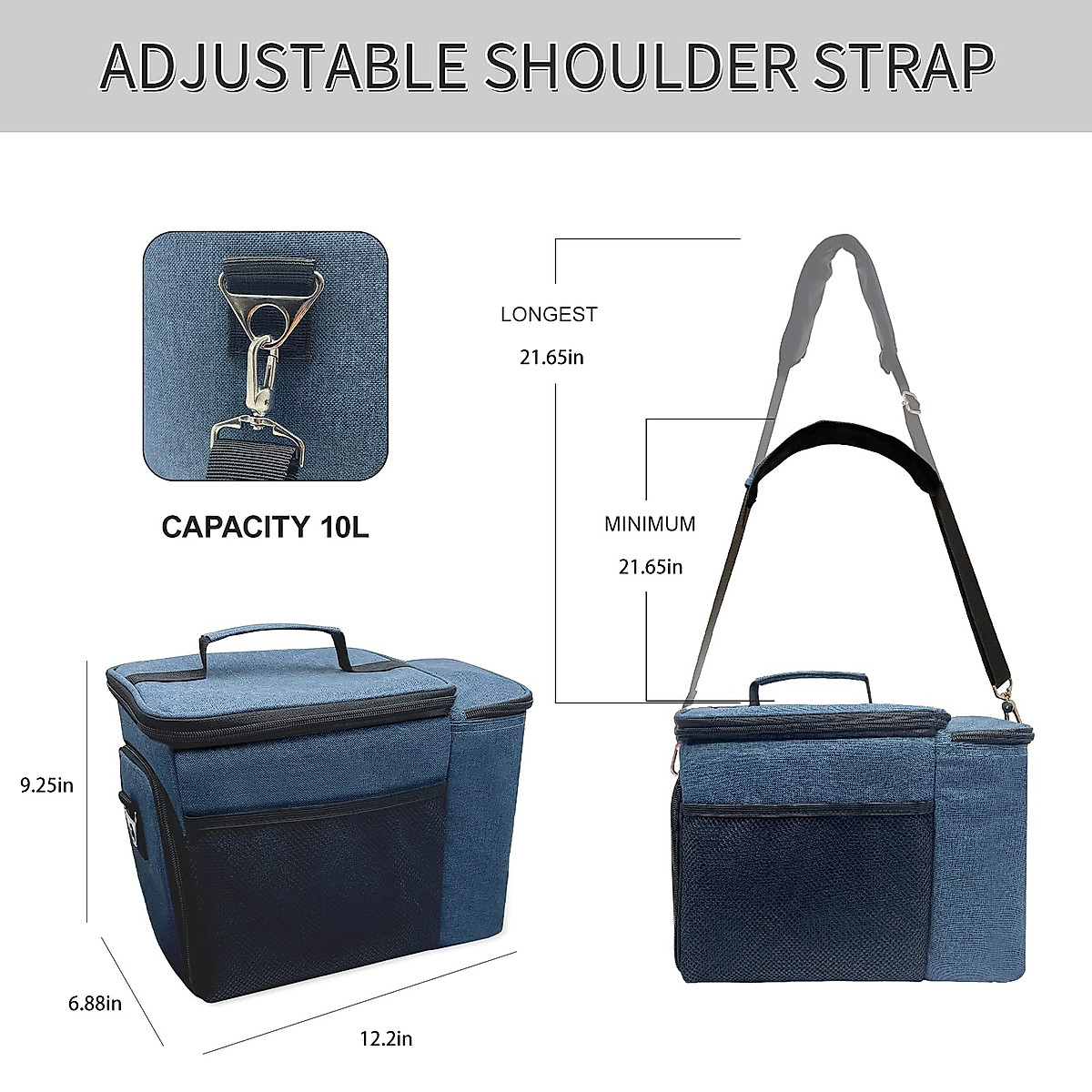 TOP&TOP Blue 13"L x 7"W x 9"H Reusable Lunch Box with 6mm Insulation Foam - Leakproof, Easy to Clean, Adjustable Shoulder Strap, Holds 3 Containers, Mesh Pockets