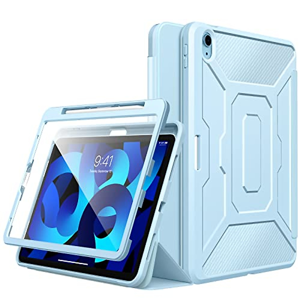MoKo Case Fit iPad Air 5th/4th Generation 10.9 2022/2020, [Support Touch ID] [Built-in Screen Protector] Full-Body Shockproof Case Smart Shell Stand Cover with Auto Sleep/Wake & Pencil Holder,Sky Blue