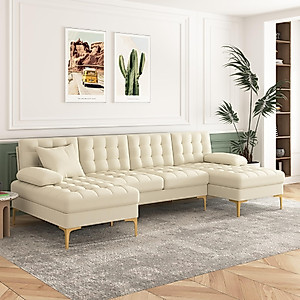 VERYKE U Shape Sectional Sofa Couch,Modern 110'' Linen Button Tufted Sectional Couch Sofa, Upholstered Sofa Bed with Metal Legs for Living Room