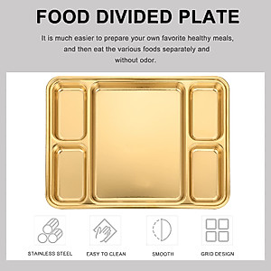 Hemoton Divided Compartment Tray Stainless Steel Divided Plate 5 Compartments Metal Lunch Tray for Home Office School Work Golden