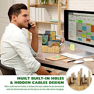 Bamboo Charging Station for Multiple Devices with Integrated Watch & Earbuds Stand, Desktop Charging Docking Station Organizer for Cell Phone, Tablet, 5 Charging Cables Included（No Power Supply）