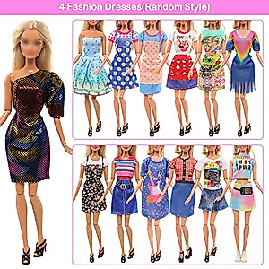 BARWA 18 Pack Doll Clothes and Accessories Including 4 Fashion Dresses 4 Sets Casual Outfits Tops and Trousers, Shorts 10 Bag Crown Necklace for 11.5 inch Girl Dolls…