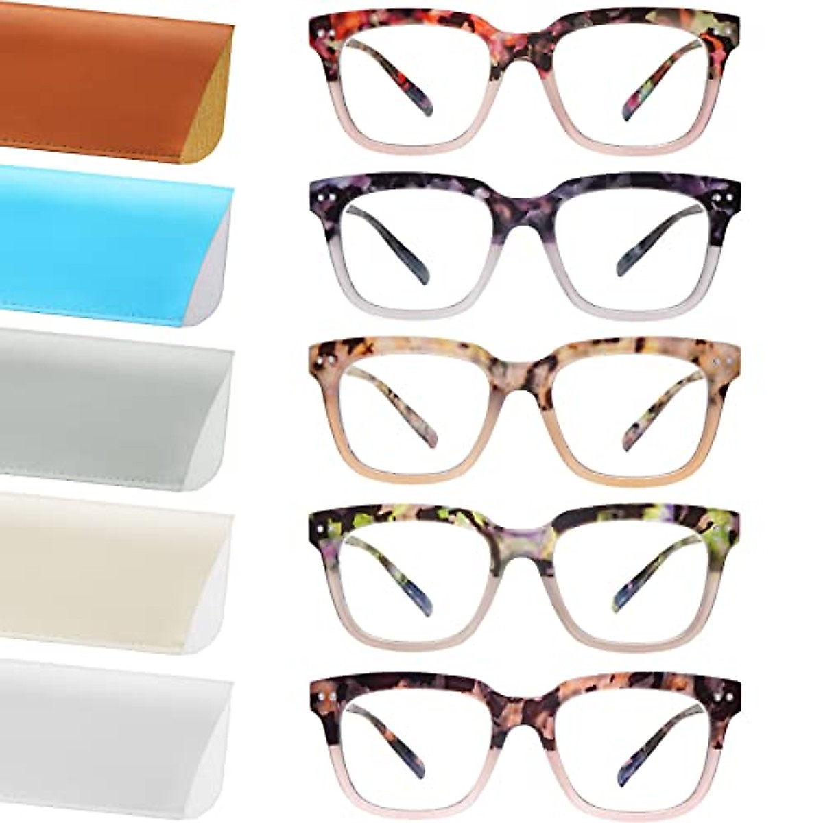 MAEOWN 5 Pack Reading Glasses Blue Light Blocking Fashion Ladies Readers, Computer Square Eyeglasses for Women, with Spring Hinges (5 Pack Mix Color, 1.25, multiplier_x)
