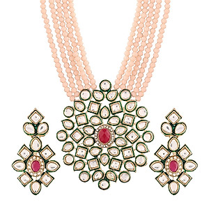 JewarHaat Indian Bollywood Gold-Plated Pearls Studded & Beaded Long Jewellery Set For Women (Kundan Inspired, Peach)