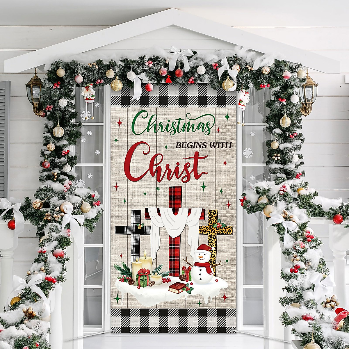Tiamon Christmas Door Cover Decoration Jesus Backdrop Christ Cross Door Hanging Cover Christian Merry Christmas Banner Winter Holiday Photo Booth House Indoor Outdoor Party Xmas Home Decoration