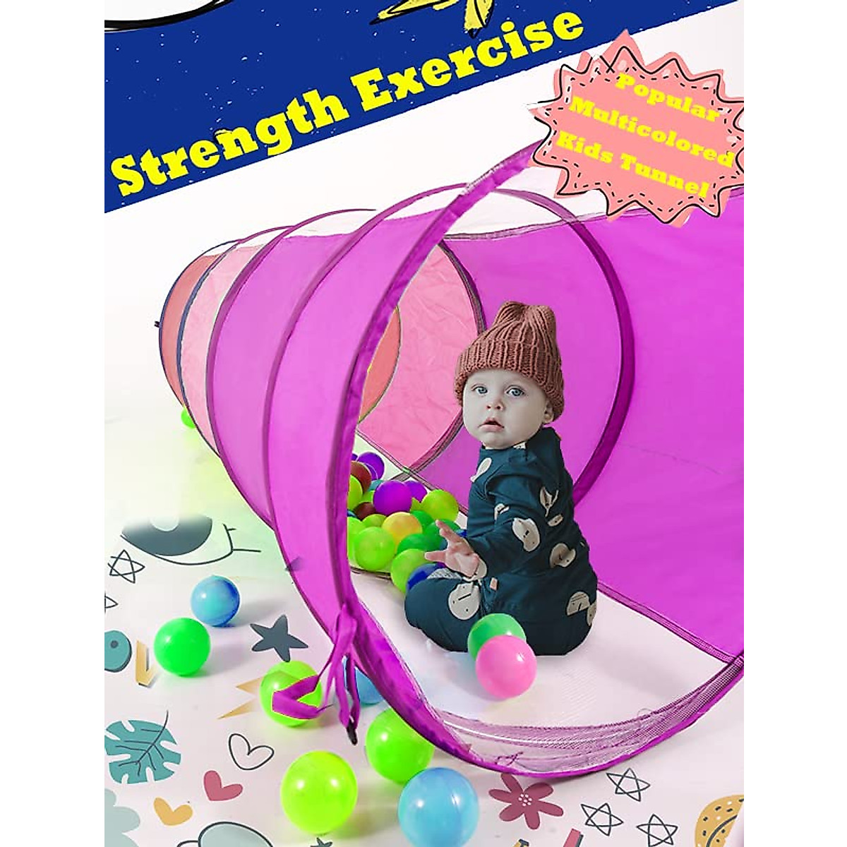 Andy Yeatese Kids Play Tunnel for Toddlers, Crawling Tunnel for Girls, Boys, Cat or Dogs, Indoor and Outdoor Babies Pop Up Toys Tent, 5-ft (Purple/Pink red)