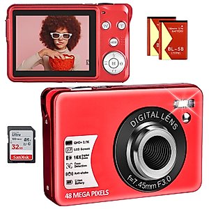 JHAMAL Digital Camera, Kids Camera for Teens Boys and Girls, 48MP 2.7K Digital Camera with 16X Digital Zoom, 32 GB SD Card and 2 Batteries Included (Red)